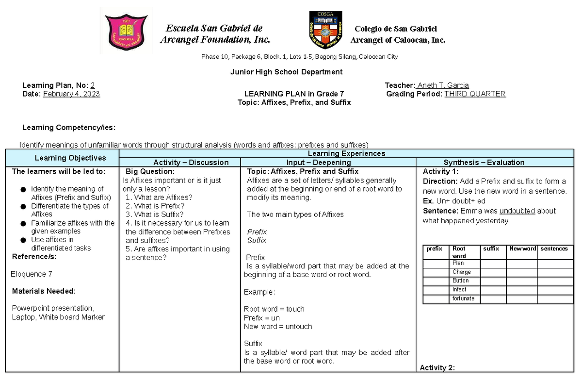 English-Gr7-Learning-Plan Aneth Garcia - Escuela San Gabriel de Colegio ...