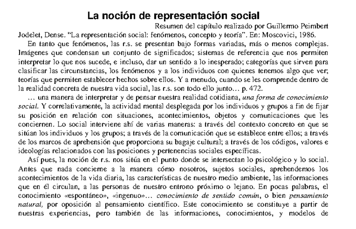 Jodelet (Moscovici), 1986 - La noción de representación social Resumen ...