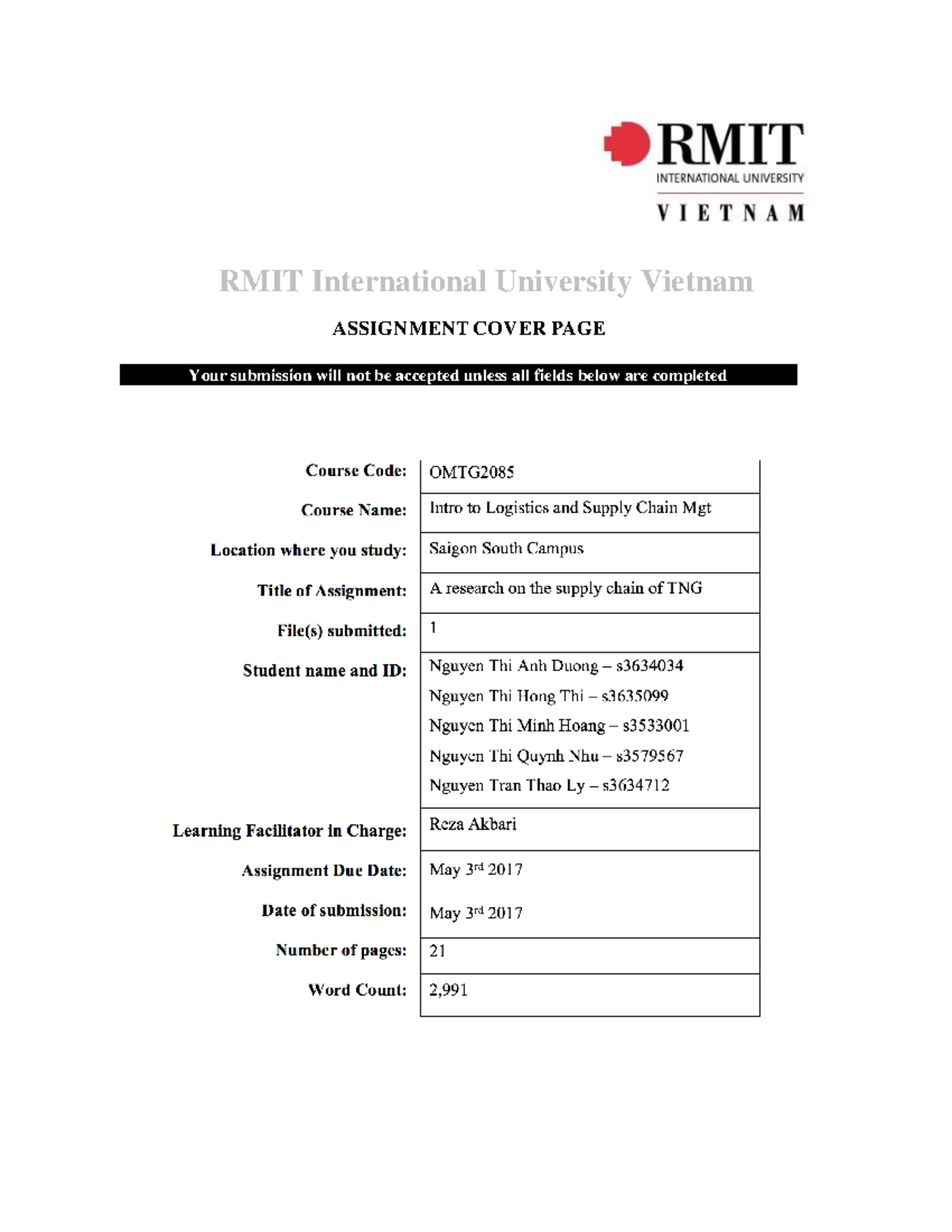 [Submission ver] Intro to Logistics Group Report - RMIT International ...