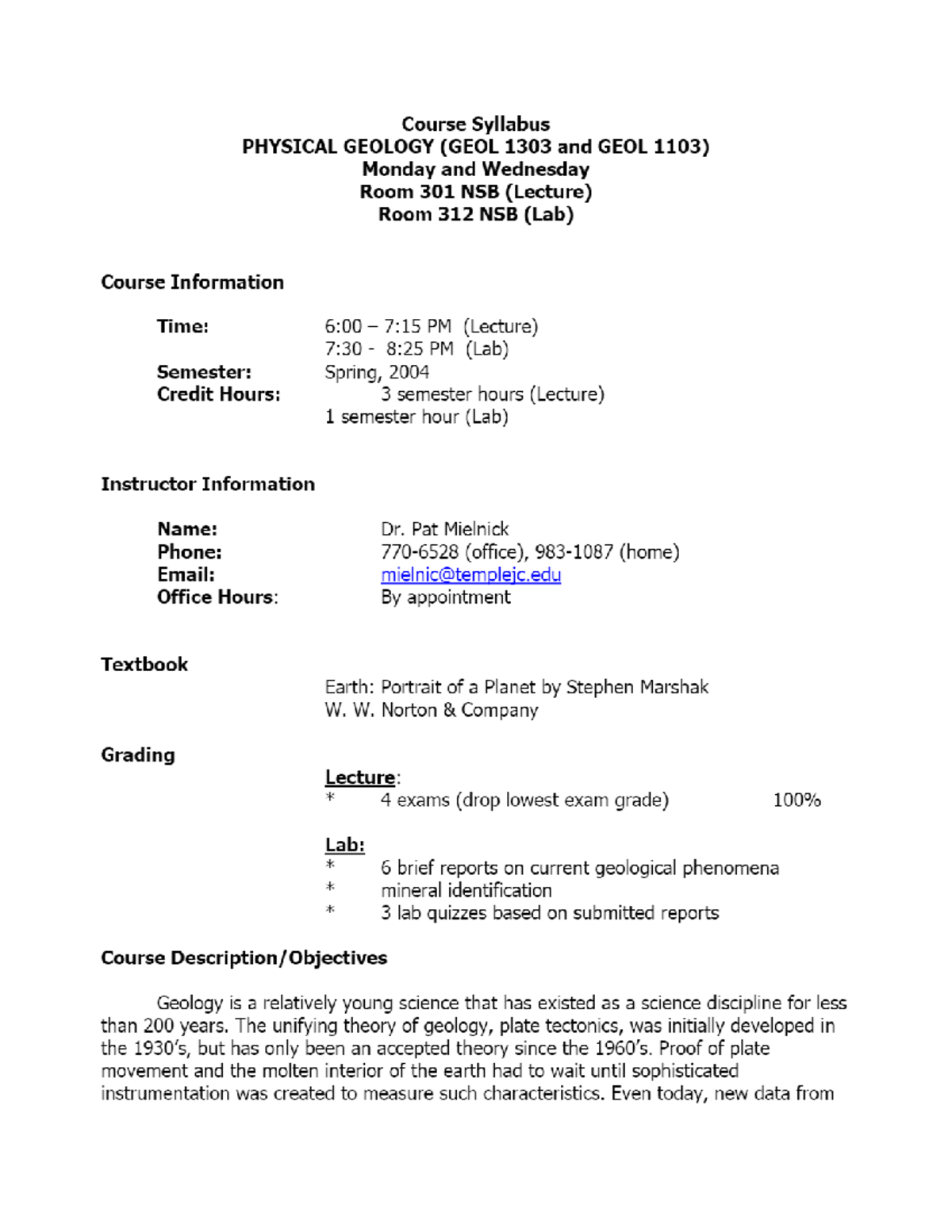 Course Syllabus Physical Geology (GEOL 1303 and GEOL 1103) Monday and ...