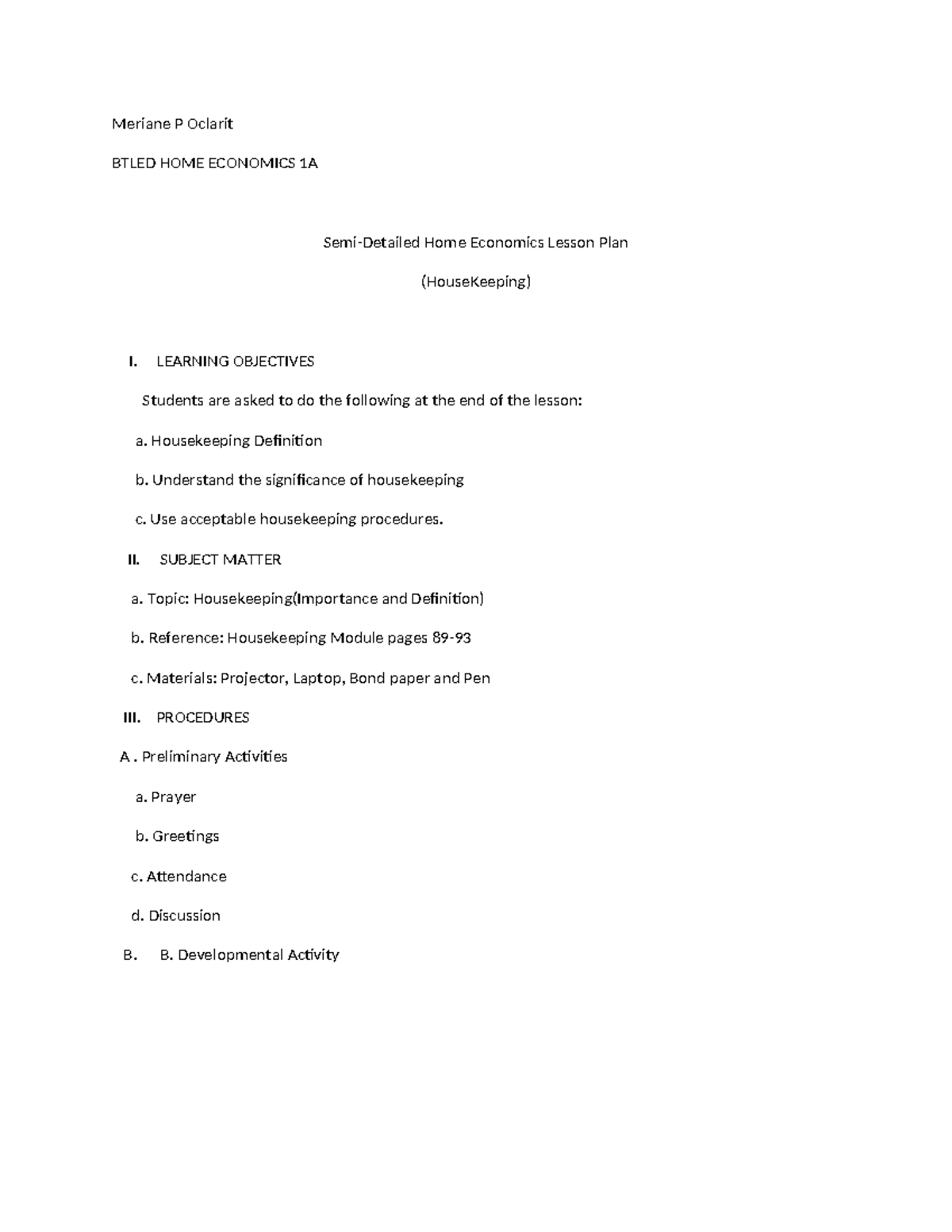 Lesson plan - Meriane P Oclarit BTLED HOME ECONOMICS 1A Semi-Detailed ...