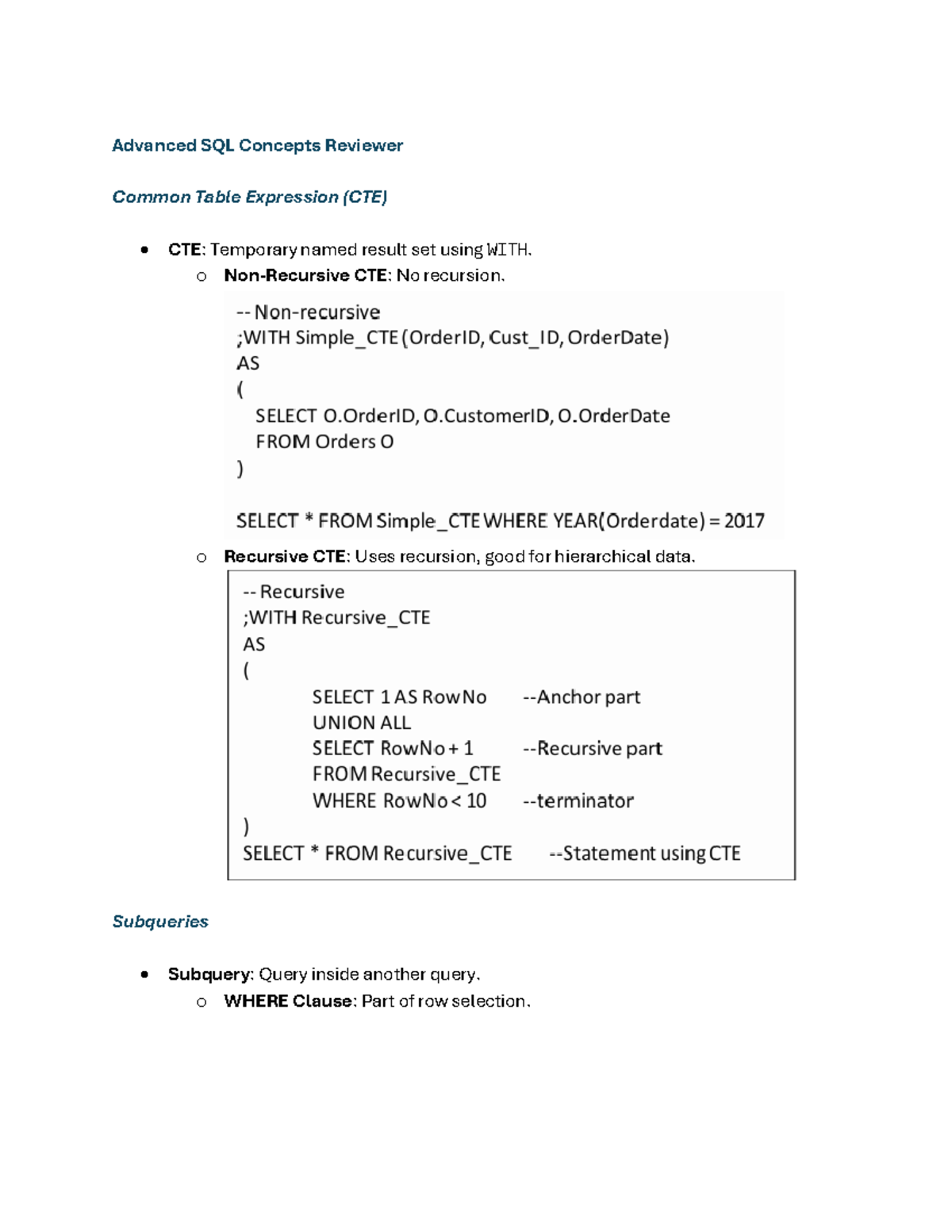 Adbs - aDVANCED DATABASE - Advanced SQL Concepts Reviewer Common Table Expression (CTE) - CTE ...