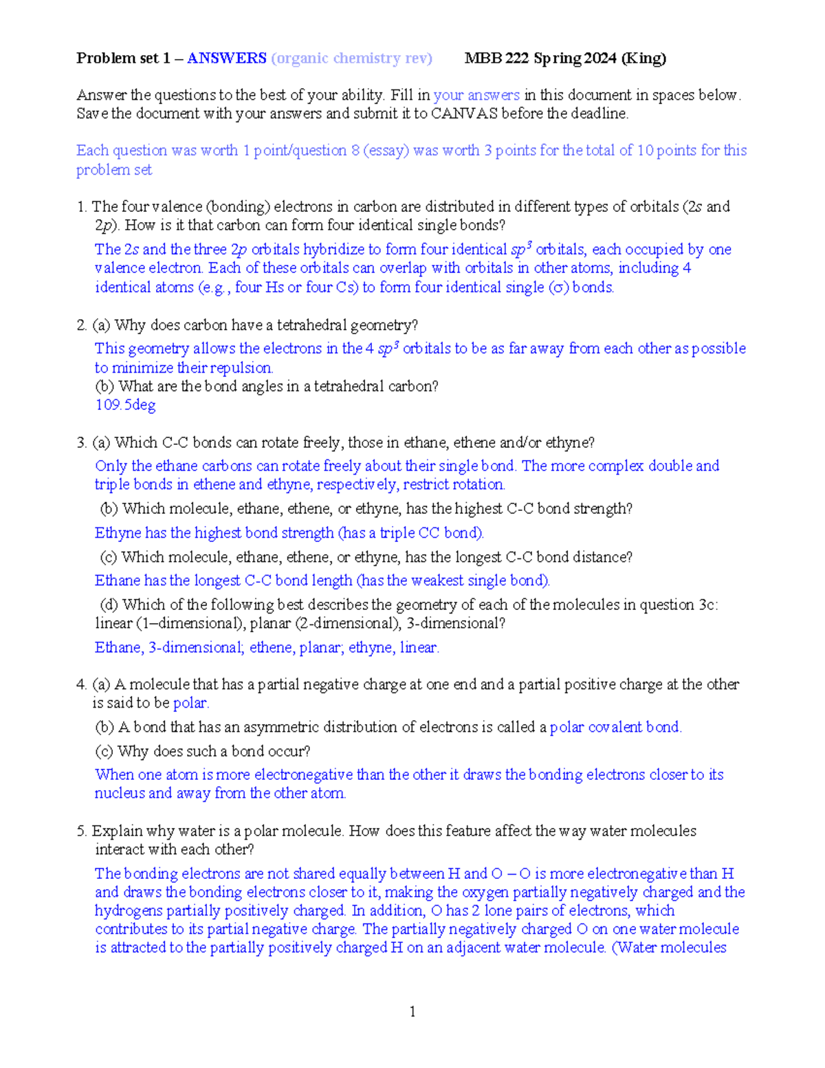 Problem set 1 answers - Answer the questions to the best of your ability. Fill in your answers ...