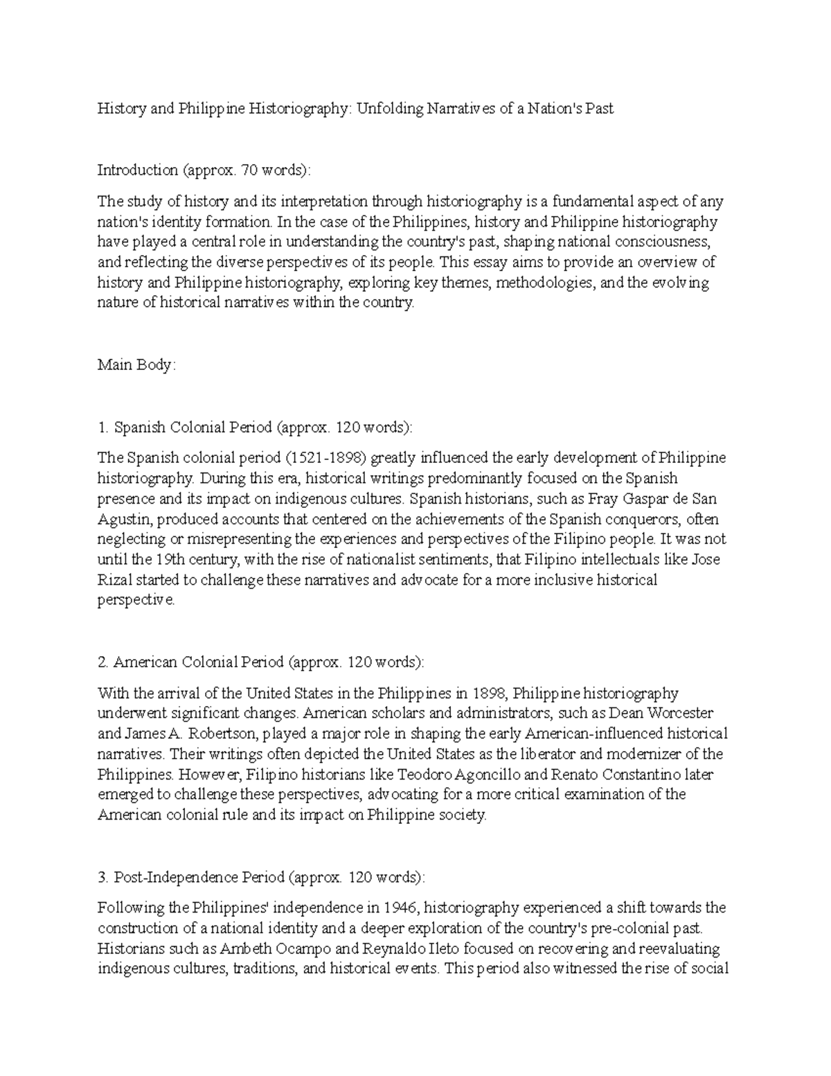 History and Philippine Historiography - 70 words): The study of history ...