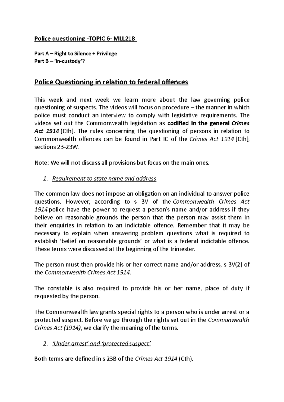 Police Questioning Notesmll 218 - Police questioning -TOPIC 6- MLL Part ...