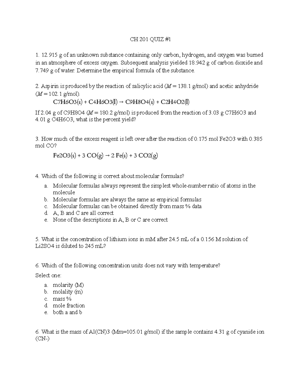 CH 201 QUIZ #1 - Quiz review questions - CH 201 QUIZ 12 g of an unknown substance containing ...