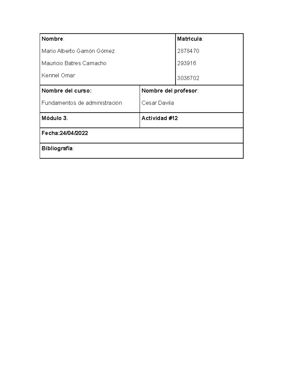 Activdad 12 fundamentos de adinistracion - Nombre: Mario Alberto Gamón ...