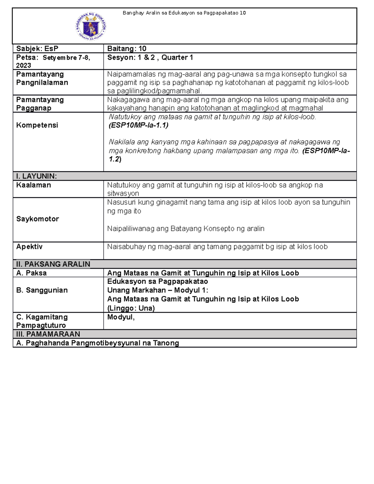 Es P10 Q1 Lesson Plan1 Q1 - Sabjek: EsP Baitang: 10 Petsa: Setyembre 7-8, 2023 Sesyon: 1 & 2 ...