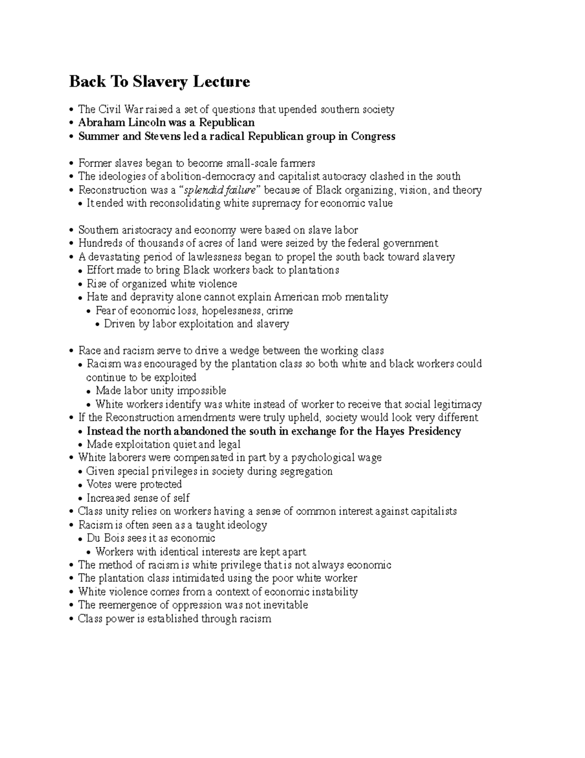 Back to Slavery Notes - Back To Slavery Lecture The Civil War raised a ...