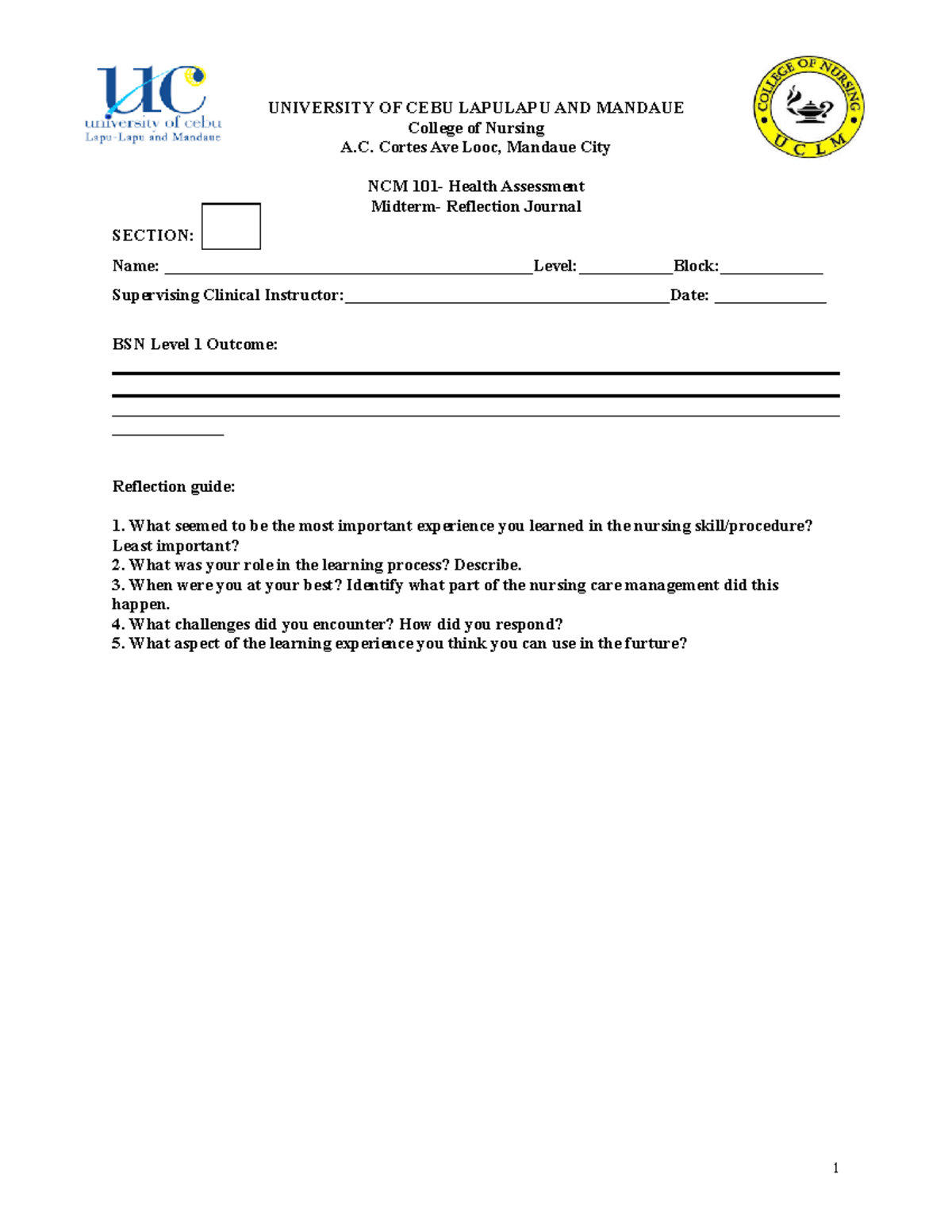 NCM Reflection Journal Midterm - 1 UNIVERSITY OF CEBU LAPULAPU AND ...