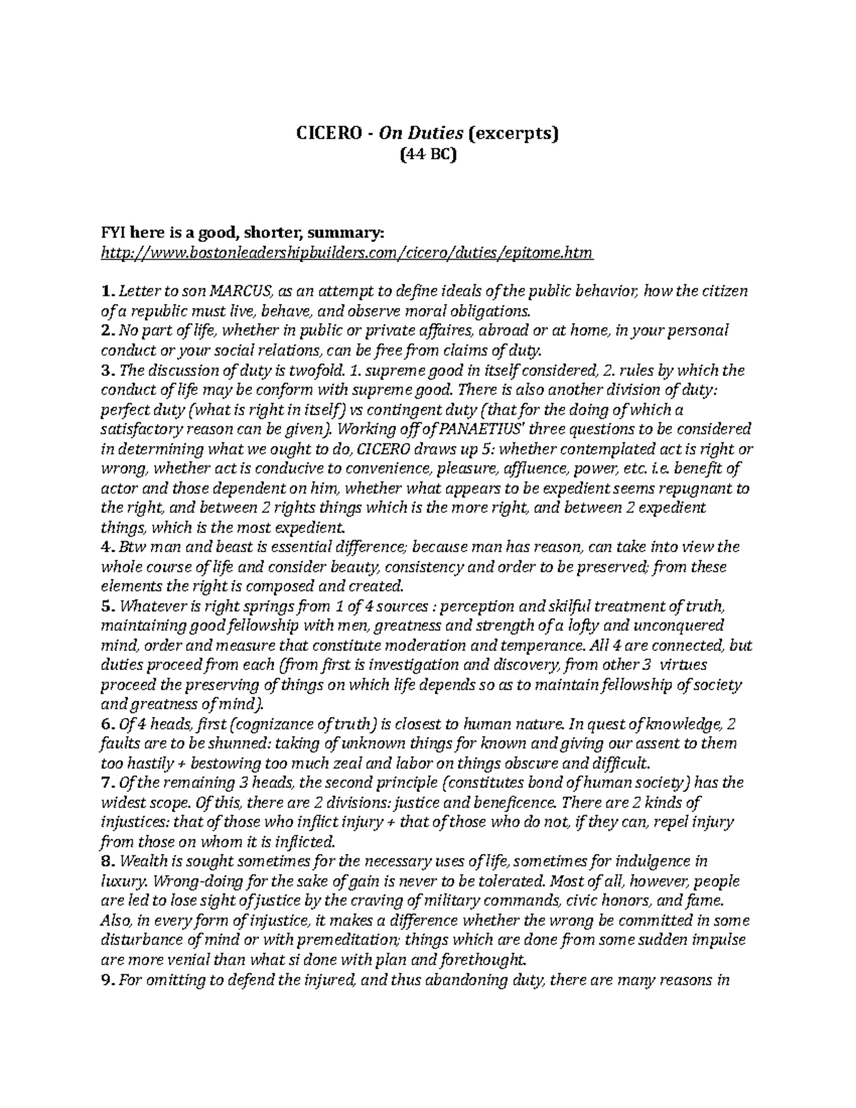 Cicero - On Duties - Reading Summary - CICERO On Duties (excerpts) (44 ...