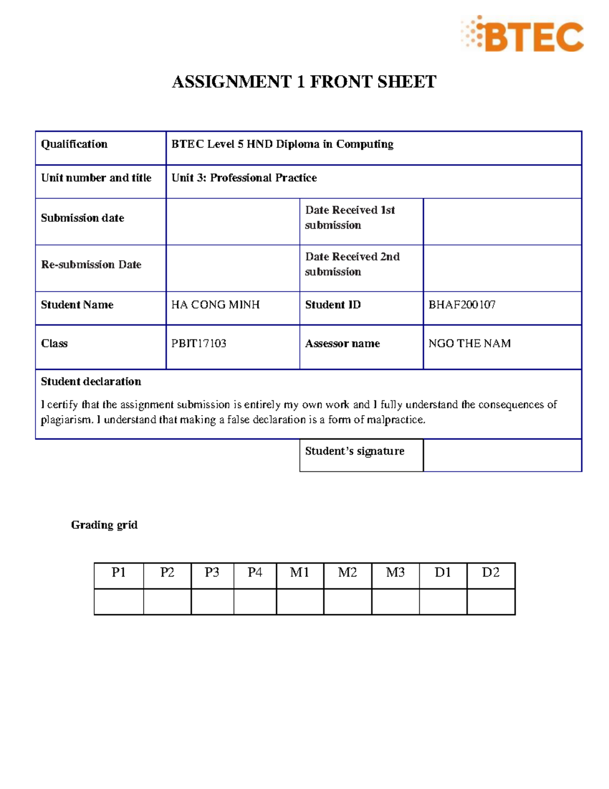 ASM 1 HCM converted - ASSIGNMENT 1 FRONT SHEET Qualification BTEC Level 5 HND Diploma in ...