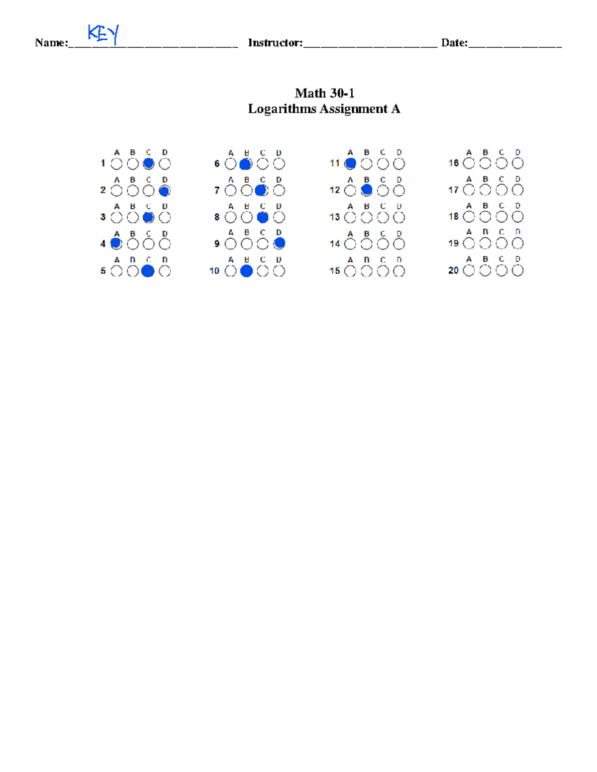 Unit 2 Assignment A KEY - Name:_____________________________ Instructor
