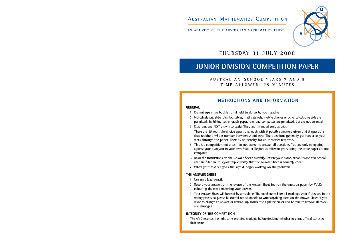 Australian Mathematics Competition 2008 Junior - A u s t r A l i A n M ...