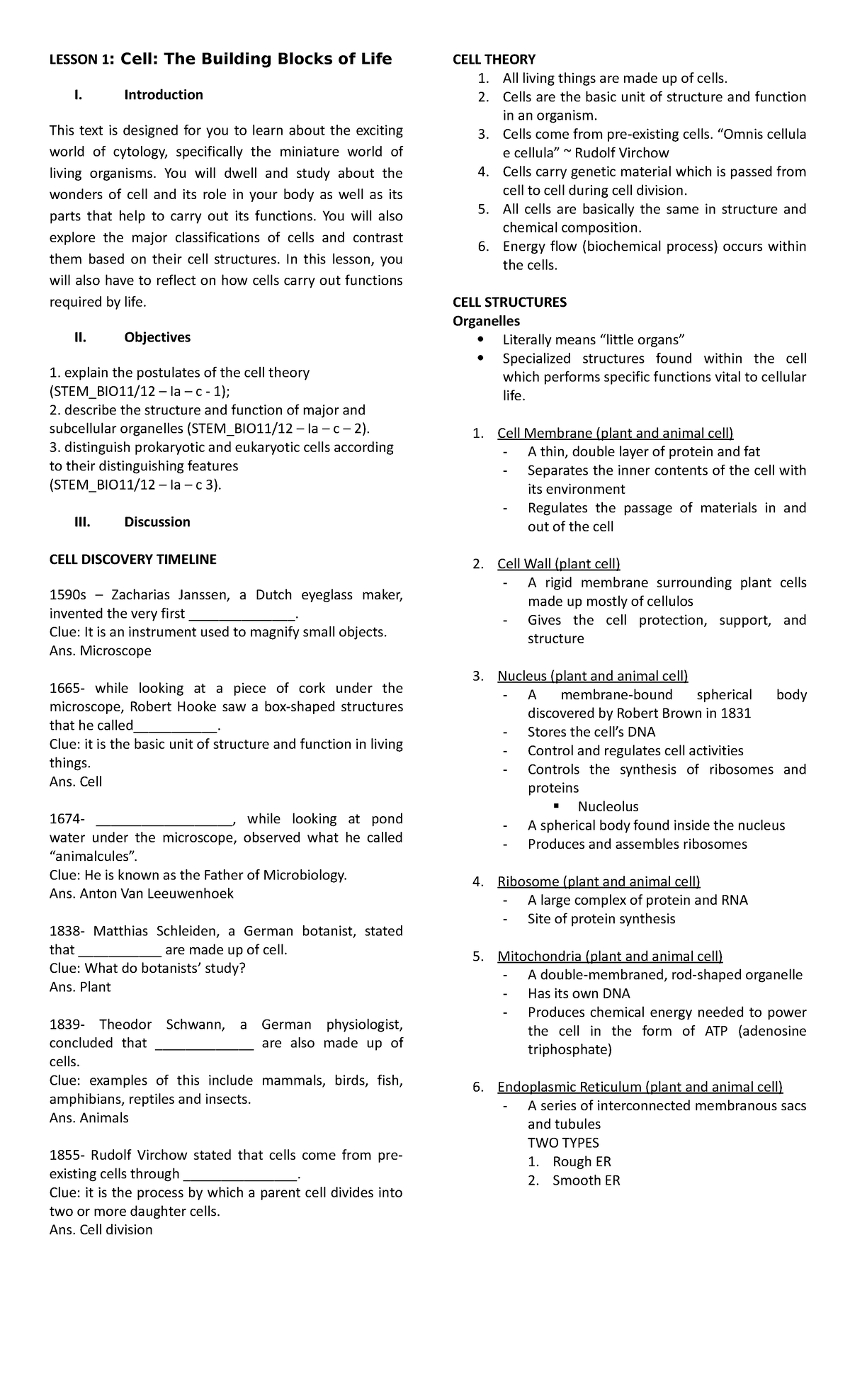 Lesson 1 - LESSON 1: Cell: The Building Blocks of Life I. Introduction ...