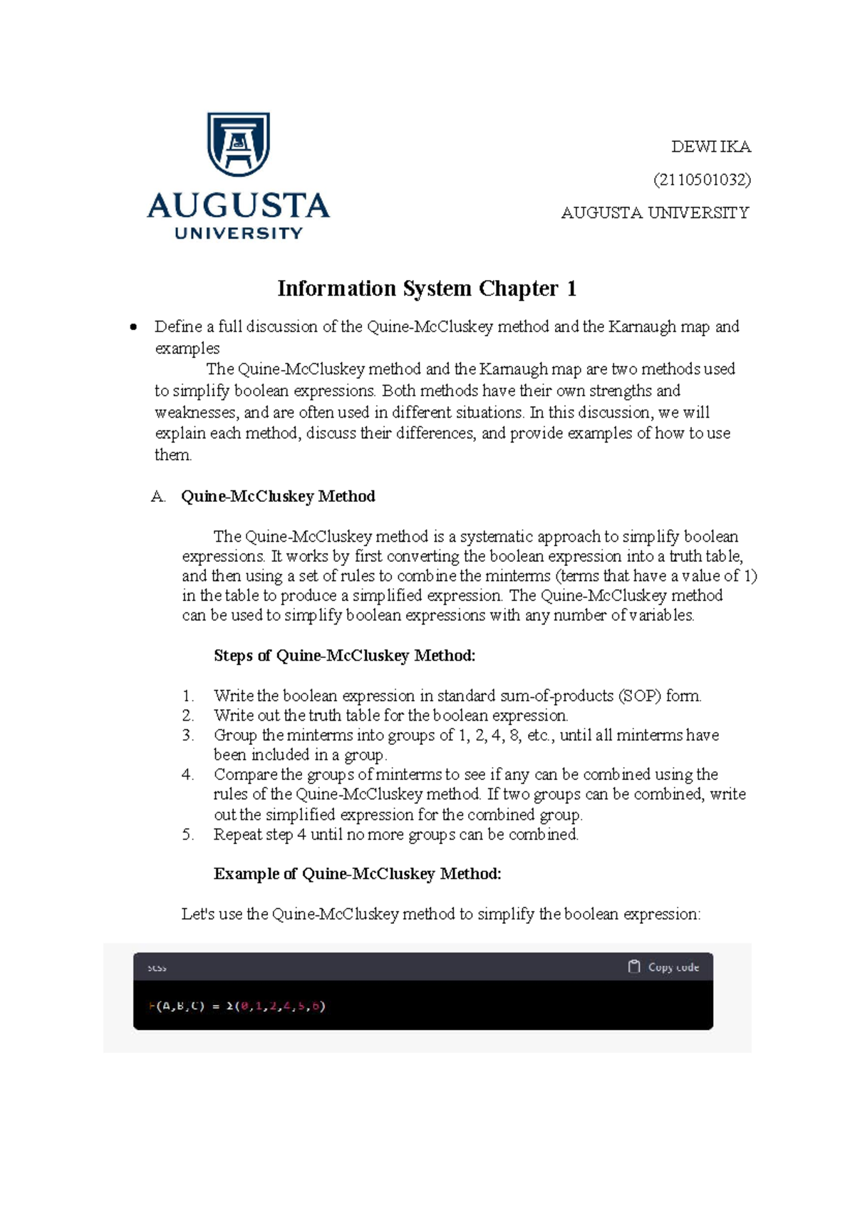 Information System ( Chapter 1) Quine-Mc Cluskey and K map Method ...
