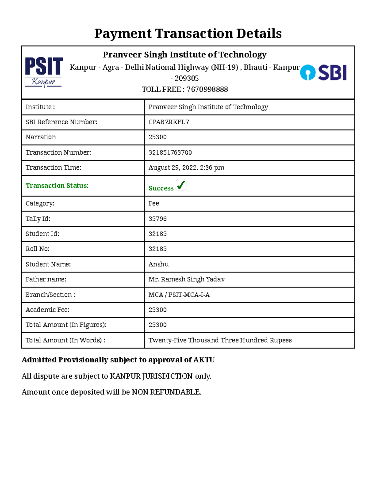 Psit fee - xxm,nxkjb - Payment Transaction Details Pranveer Singh ...