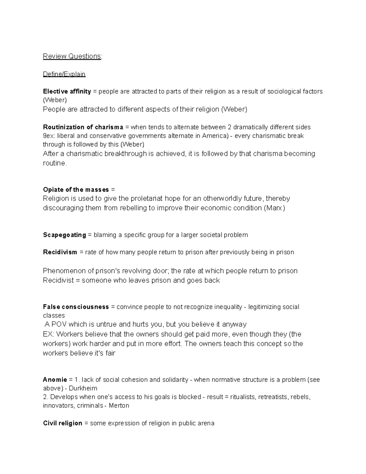Copy of Sociology Final - Review Questions: Define/Explain Elective ...