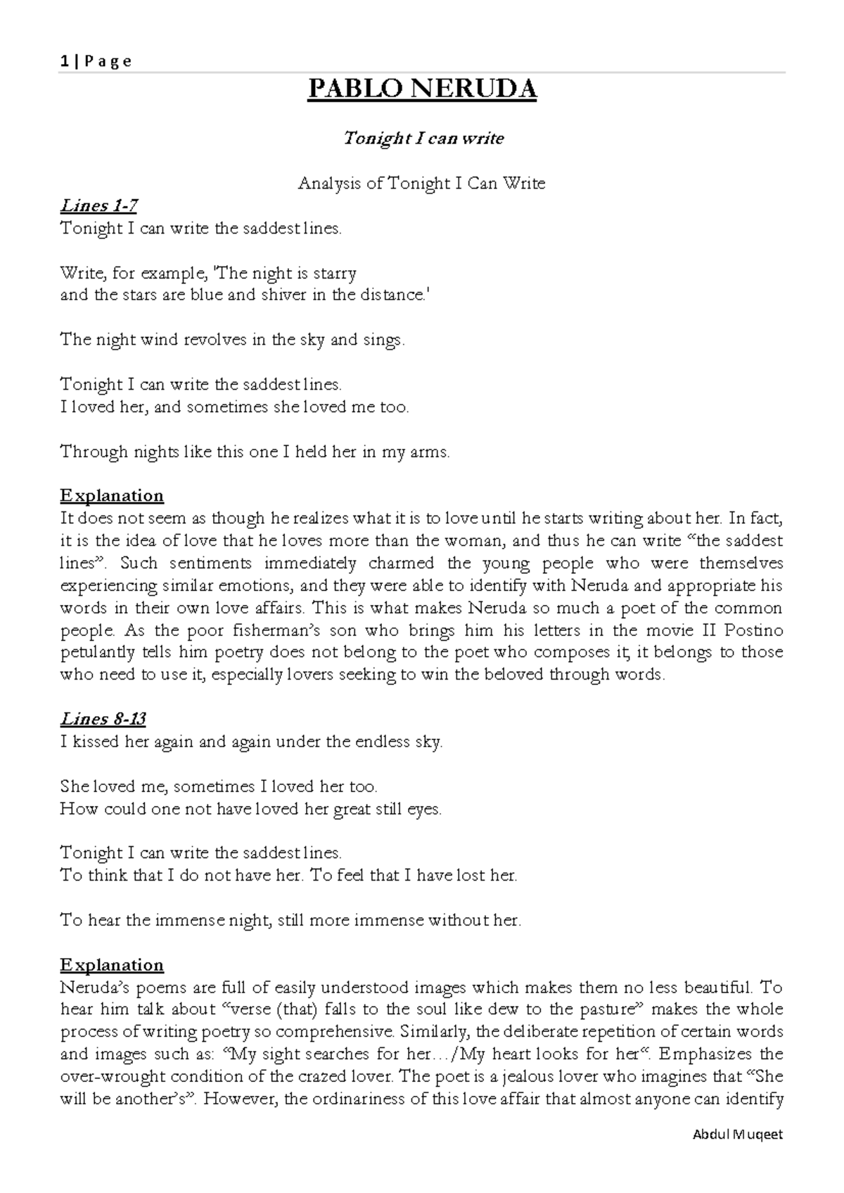 6th sem poems - PABLO NERUDA Tonight I can write Analysis of Tonight I ...