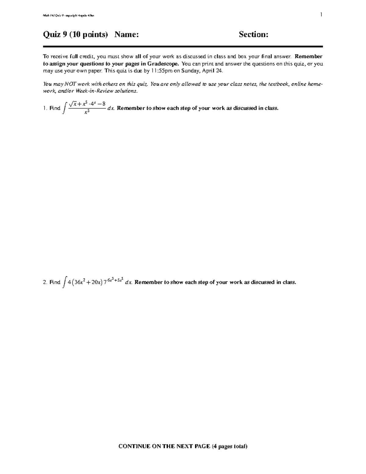 142 22a q9 - Math 142 Practice Materials Part 6 - Quiz 9 (10 points ...