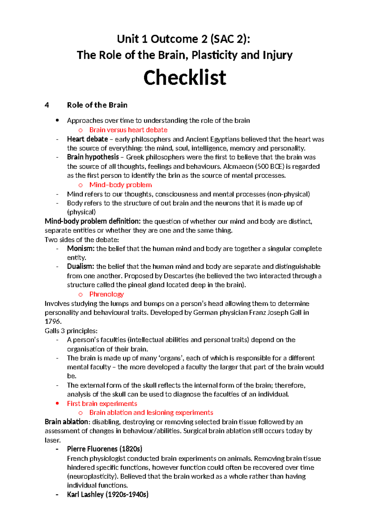 Psych SAC 2 Unit 1 The Brain - Unit 1 Outcome 2 (SAC 2): The Role of ...