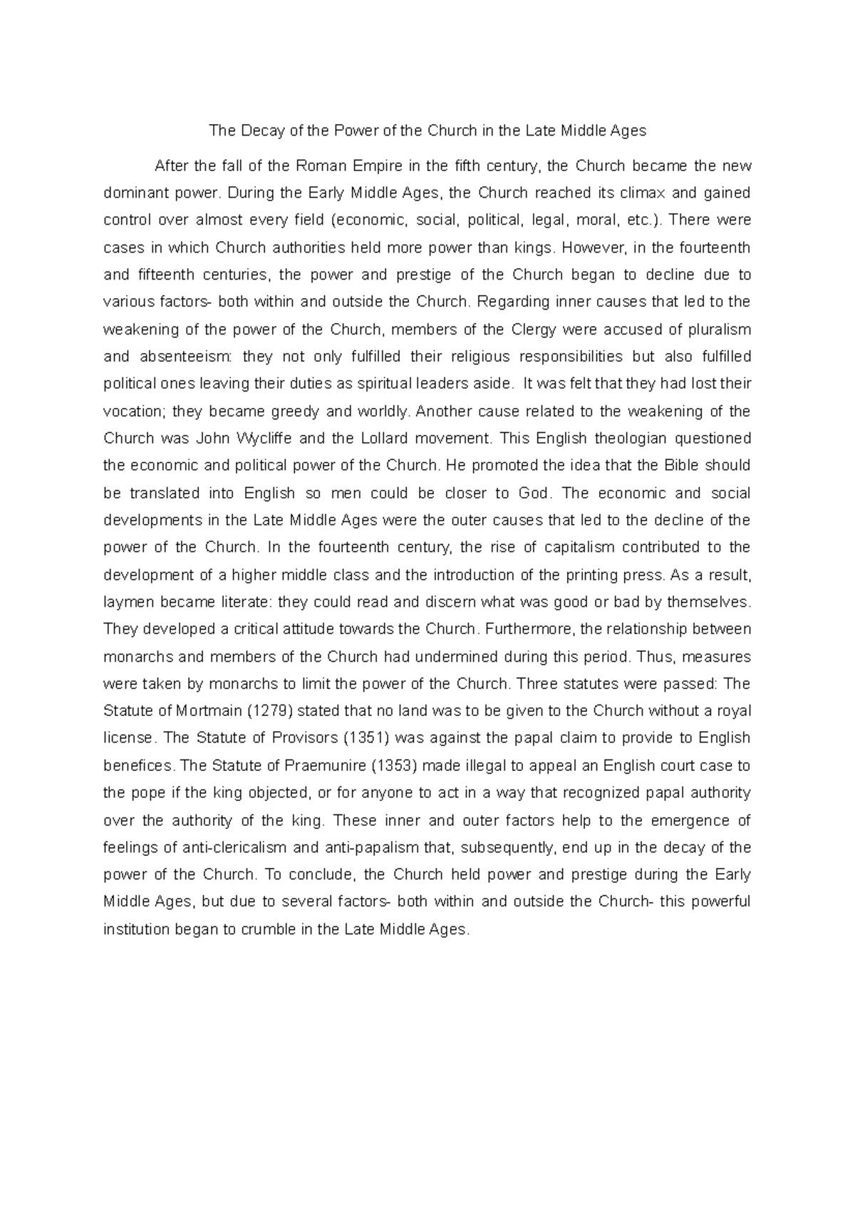 The Decay of the Power of the Church in the Late Middle Ages - During ...