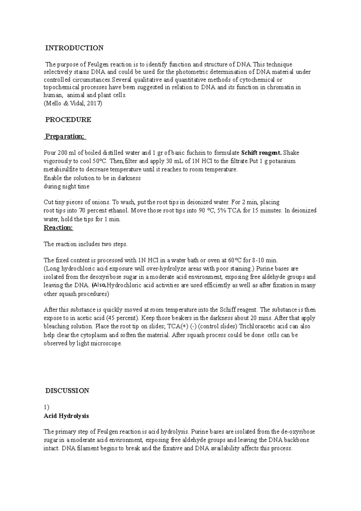 Feulgen Report - INTRODUCTION The purpose of Feulgen reaction is to ...