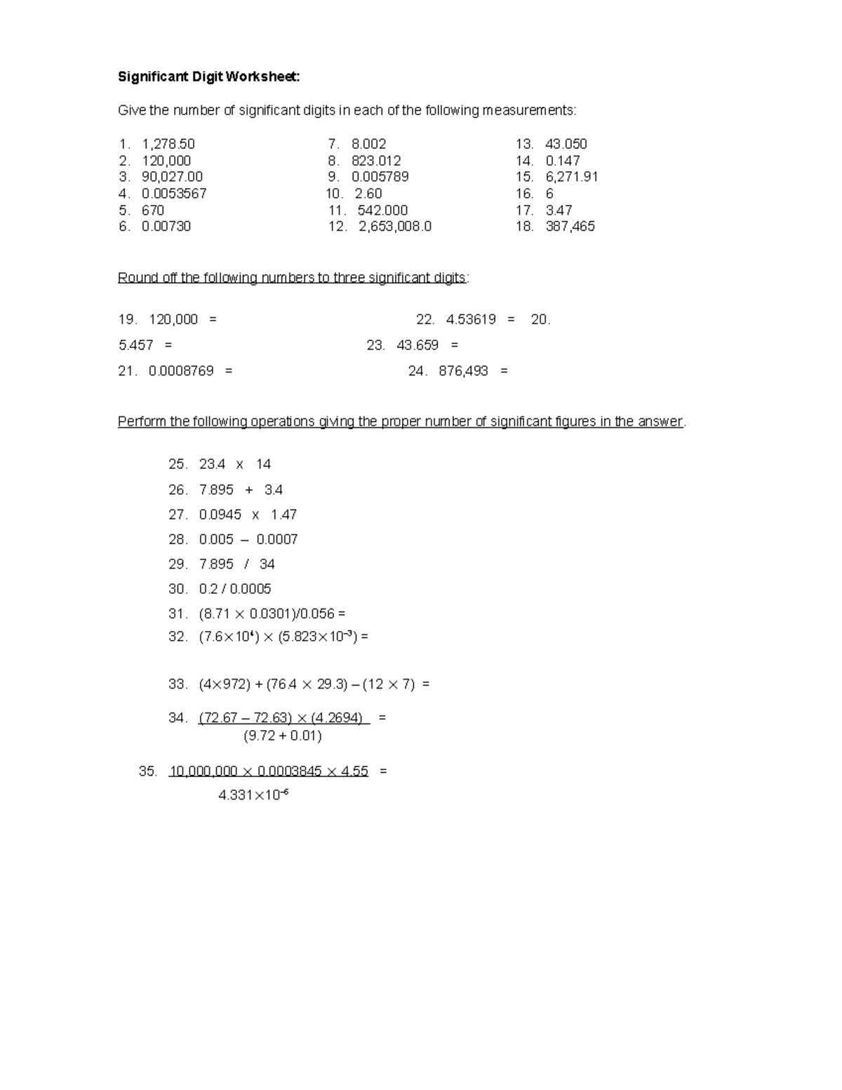 Significant digit worksheet - Significant Digit Worksheet: Give the ...