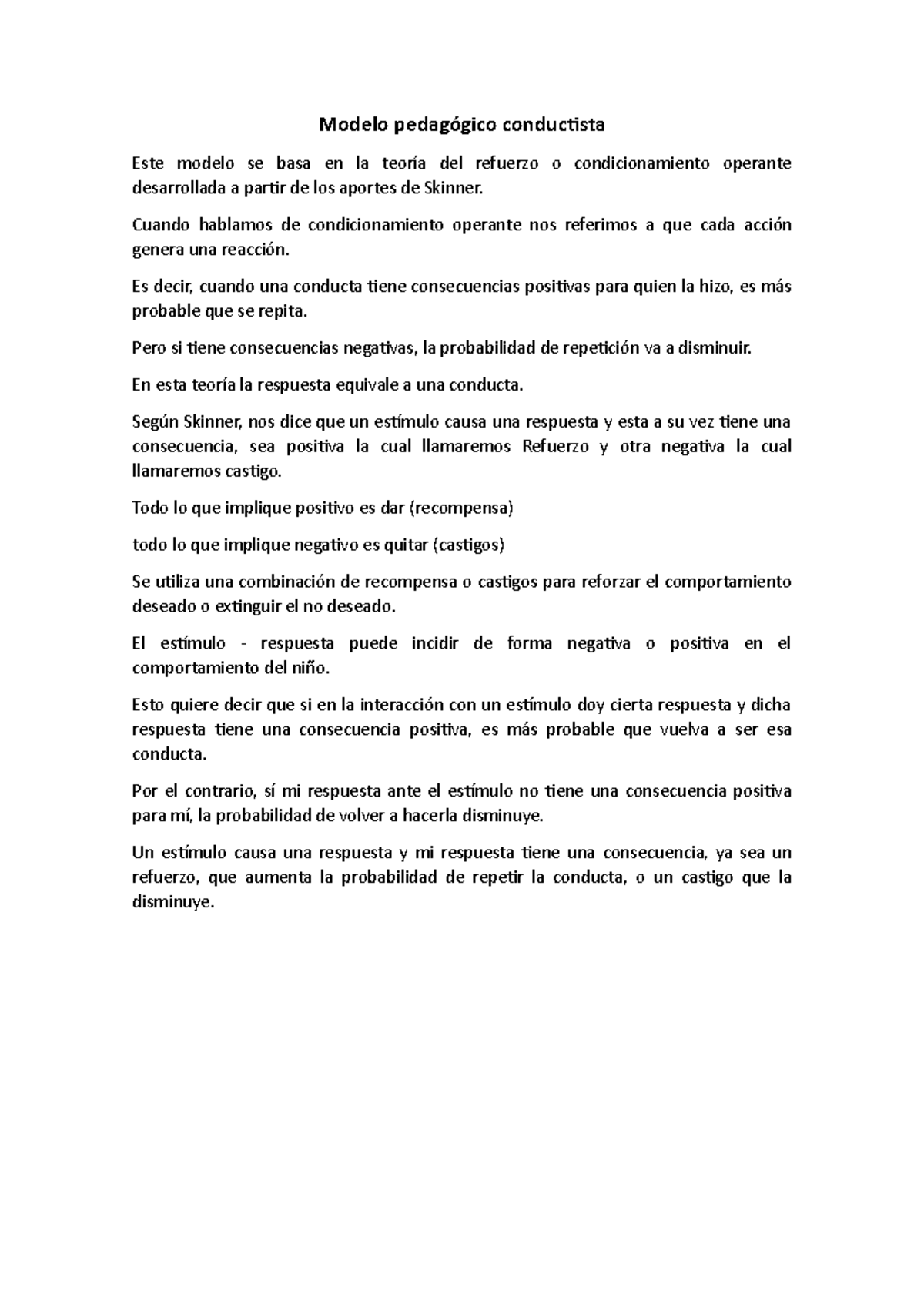 Modelo pedagógico conductista - Modelo pedagógico conductista Este ...