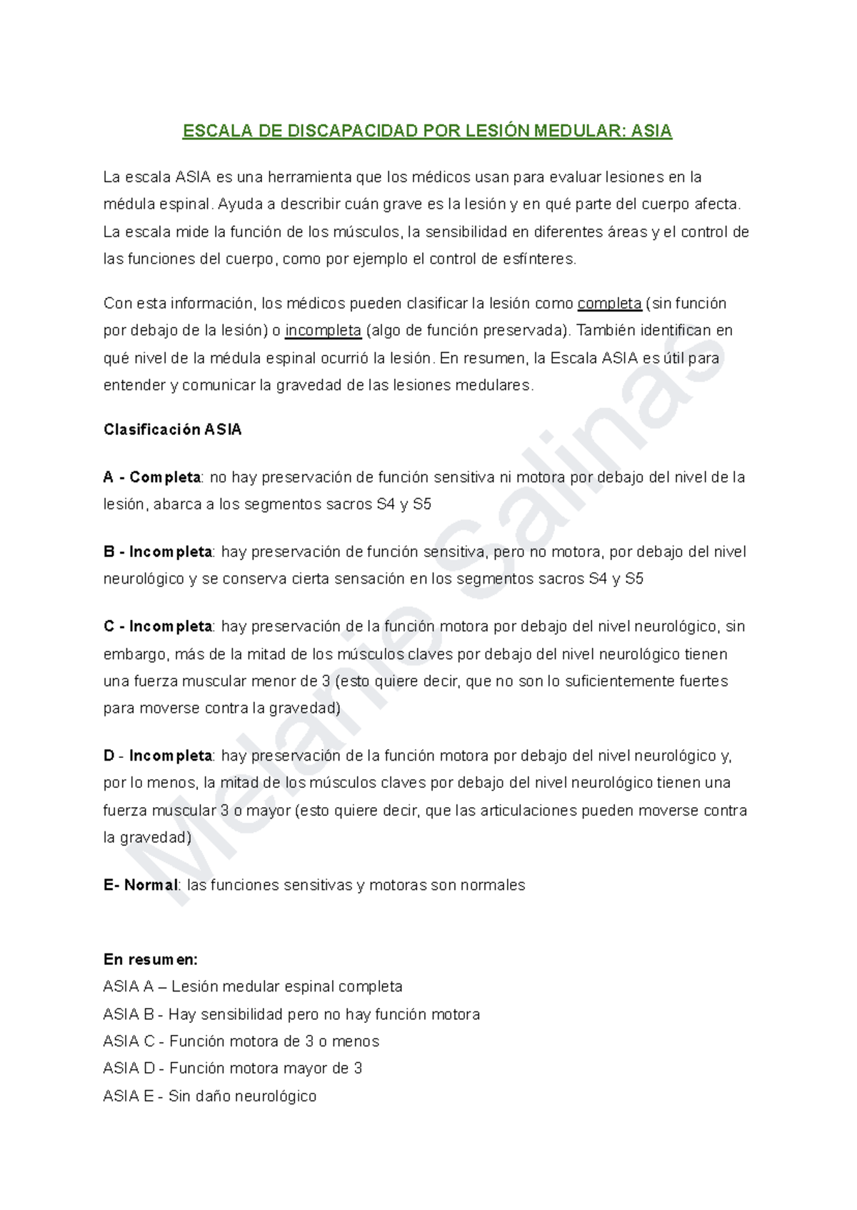 Escala ASIA - ASIA - Melanie Salinas ESCALA DE DISCAPACIDAD POR LESIÓN ...