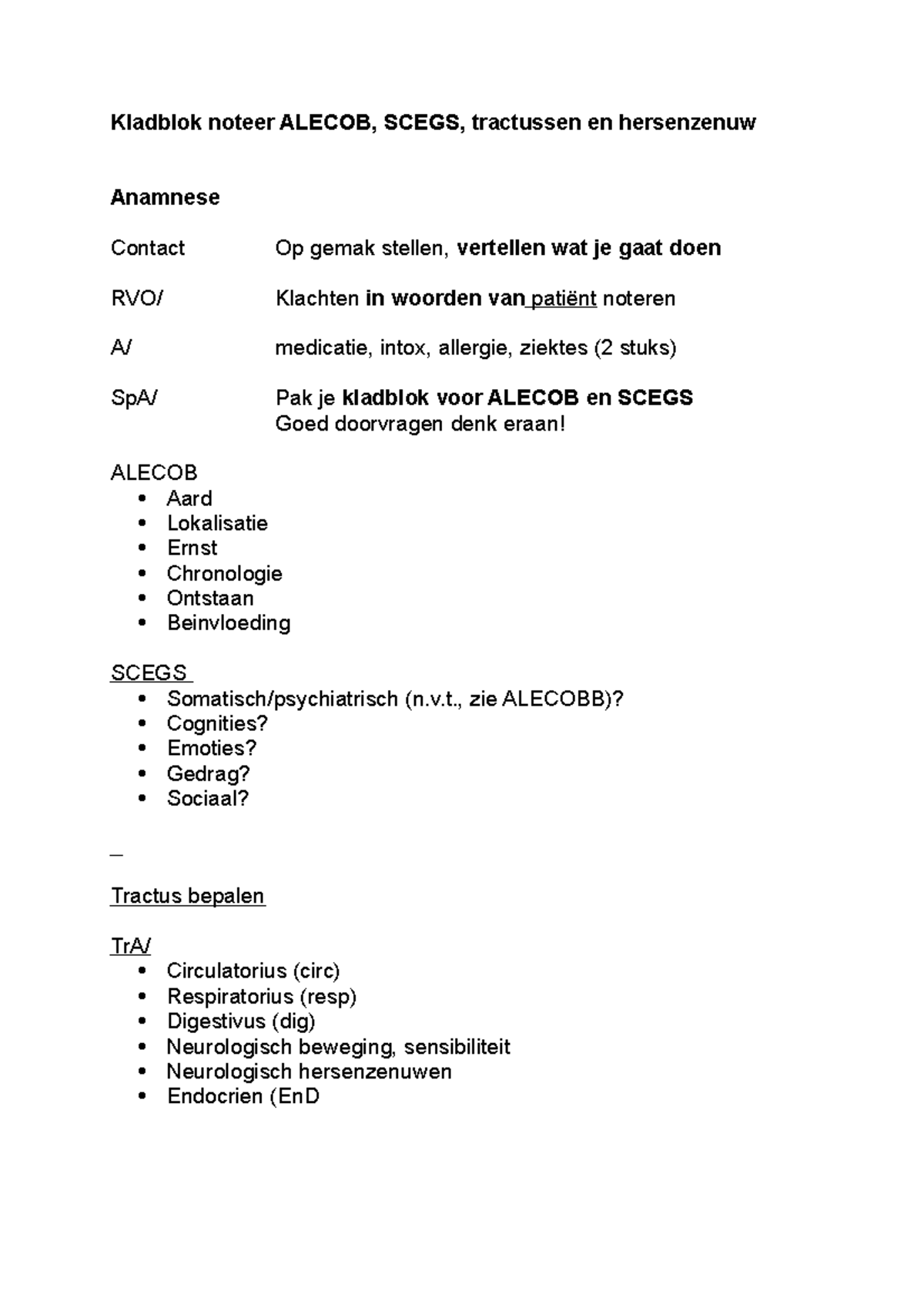 Voorbeeld Totaalanamnese: ALECOB, SCEGS en Tractusnamanese - Kladblok ...