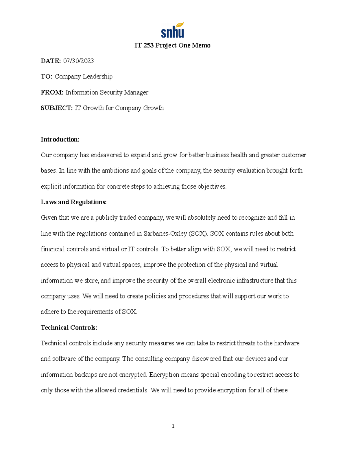 IT 253 Project 1 - IT 253 Project One Memo DATE: 07/30/ TO: Company ...