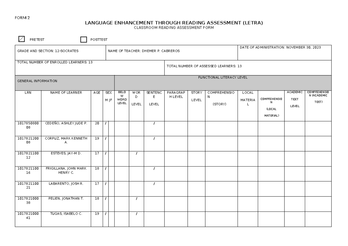 FORM-2 Classroom- Reading- Assessment-FORM - LANGUAGE ENHANCEMENT ...