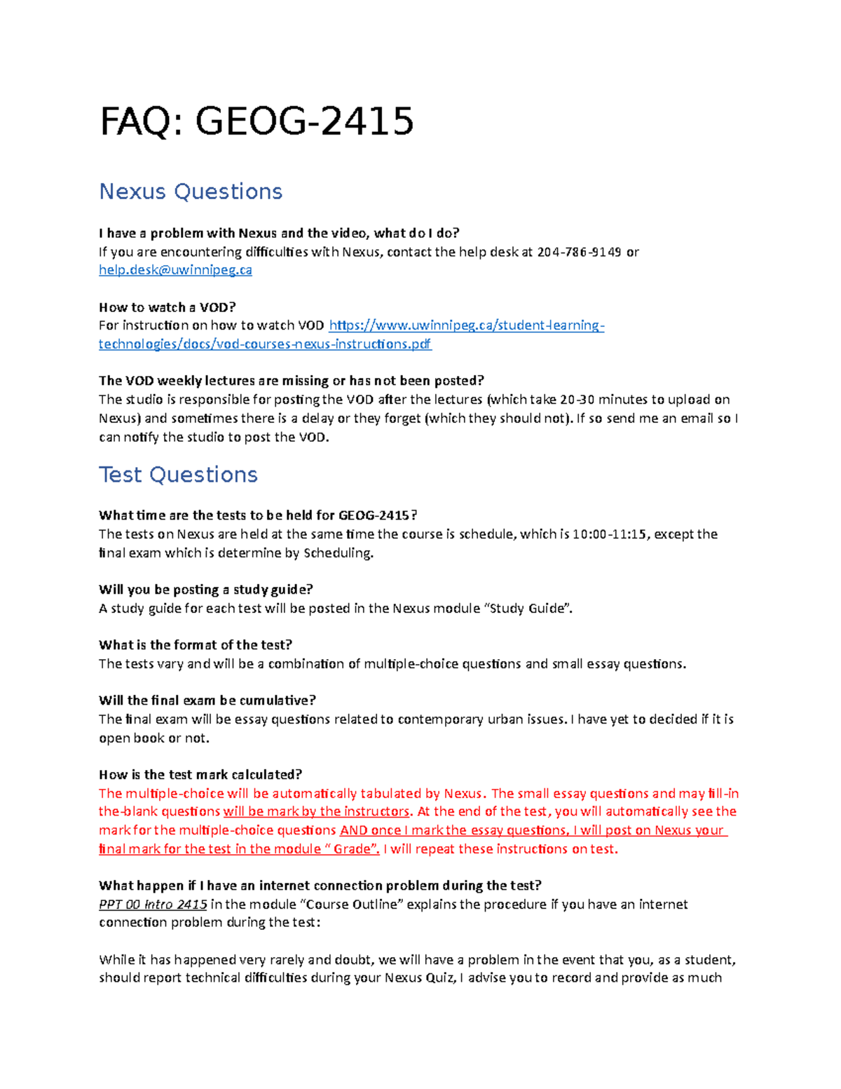 FAQ GEOG 2415 - FAQ GEOG 2415.docx - FAQ: GEOG- Nexus Questions I have a problem with Nexus and ...