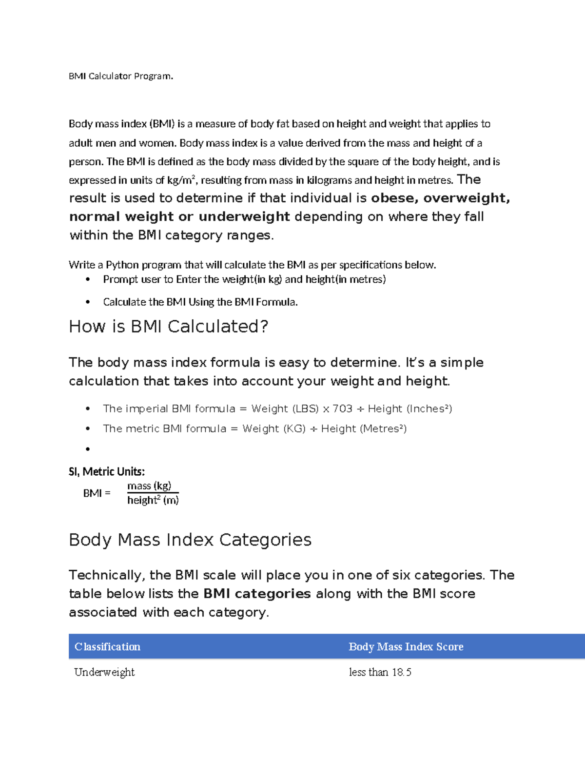 BMI Calculator Assignment - BMI Calculator Program. Body mass index ...