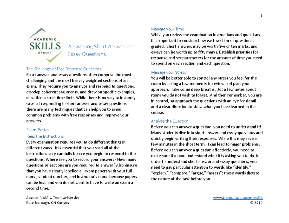 Answering short answer and essay questions - 1 Academic Skills, Trent ...
