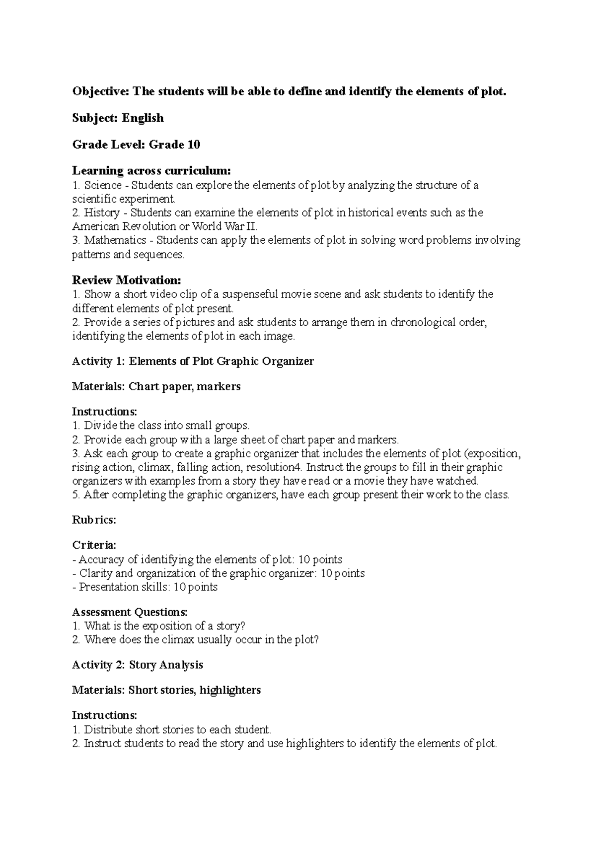 Lesson plan - Objective: The students will be able to define and ...