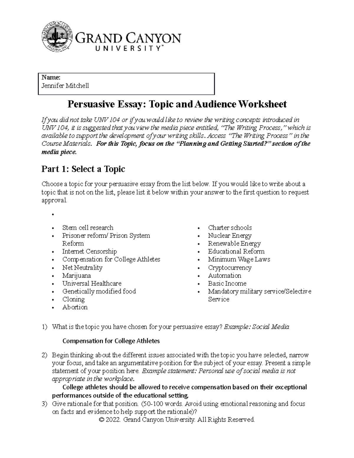 PHI105 Topic 1 Persuasive Essay Planning Worksheet - Persuasive Essay ...