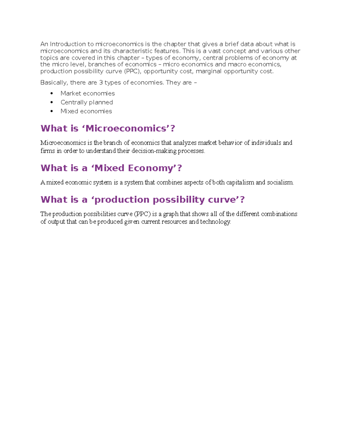 Introduction micro economics - This is a vast concept and various other topics are covered in ...