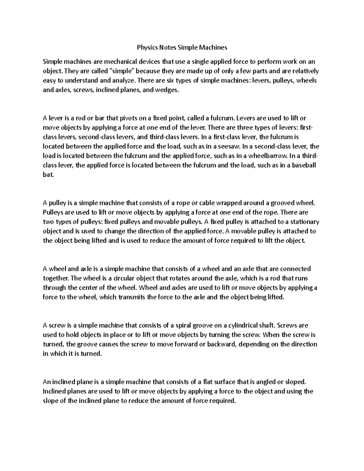 Physics Notes Simple Machines - Physics Notes Simple Machines Simple ...