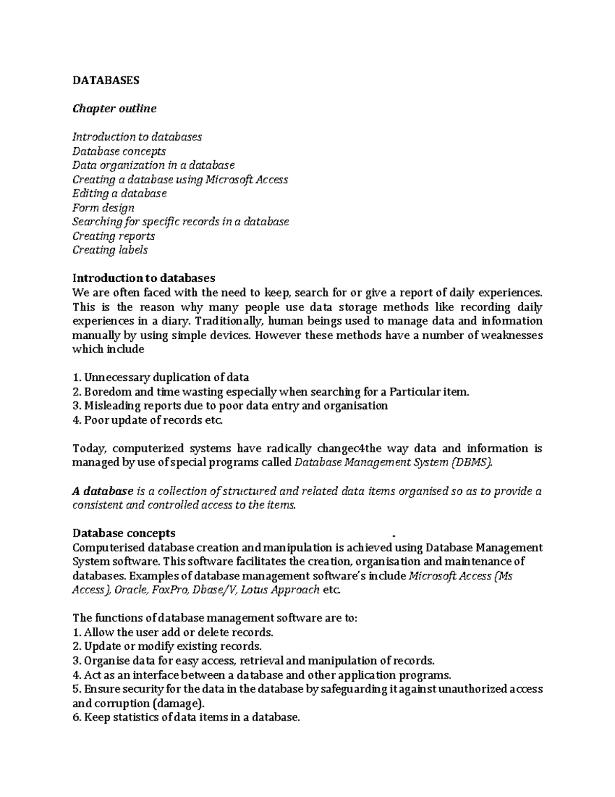 Databases Manual - DATABASES Chapter outline Introduction to databases ...