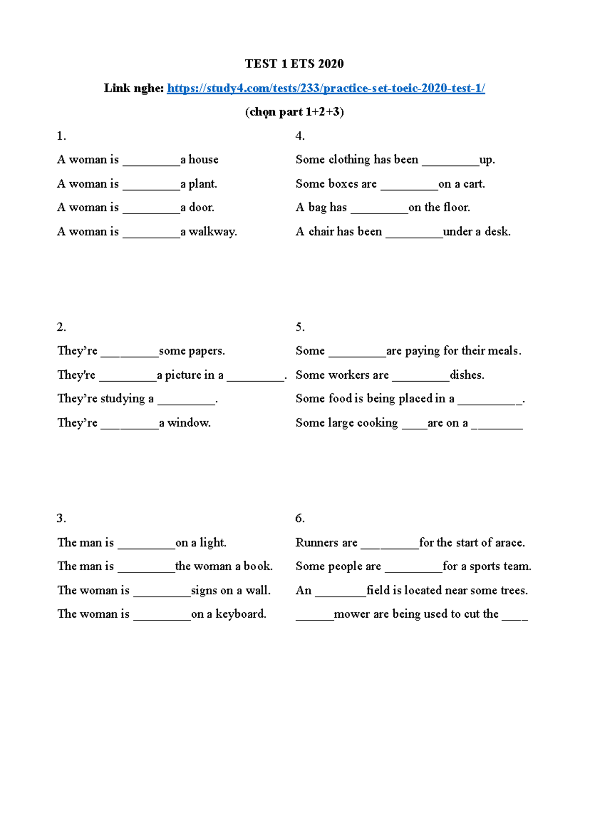 LC TEST 1 ETS 2020 đục lỗ - tai lieu - TEST 1 ETS 2020 Link nghe: - Studocu