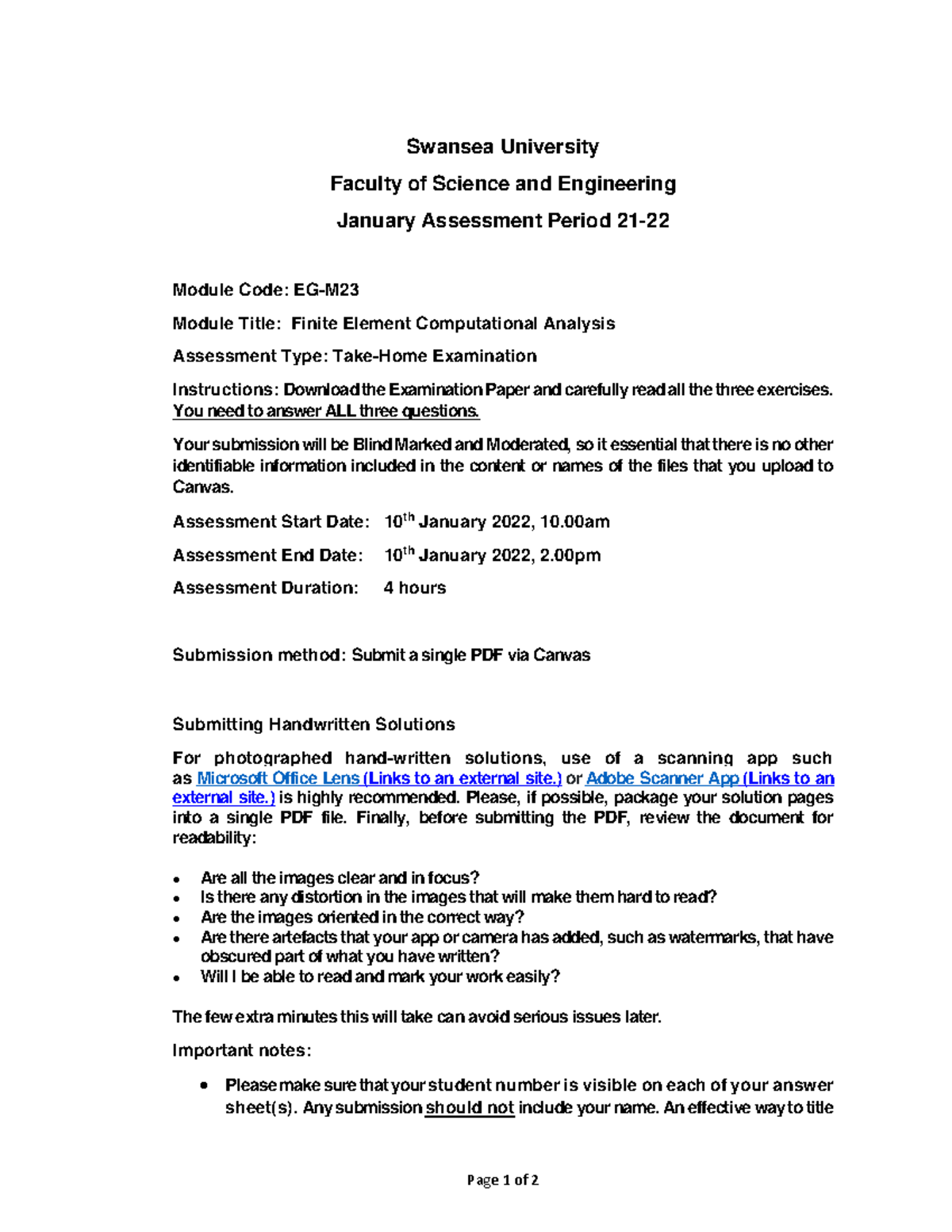 EG-M23 Alternative Assessment 21-22 - Page 1 of 2 Swansea University Faculty of Science and ...