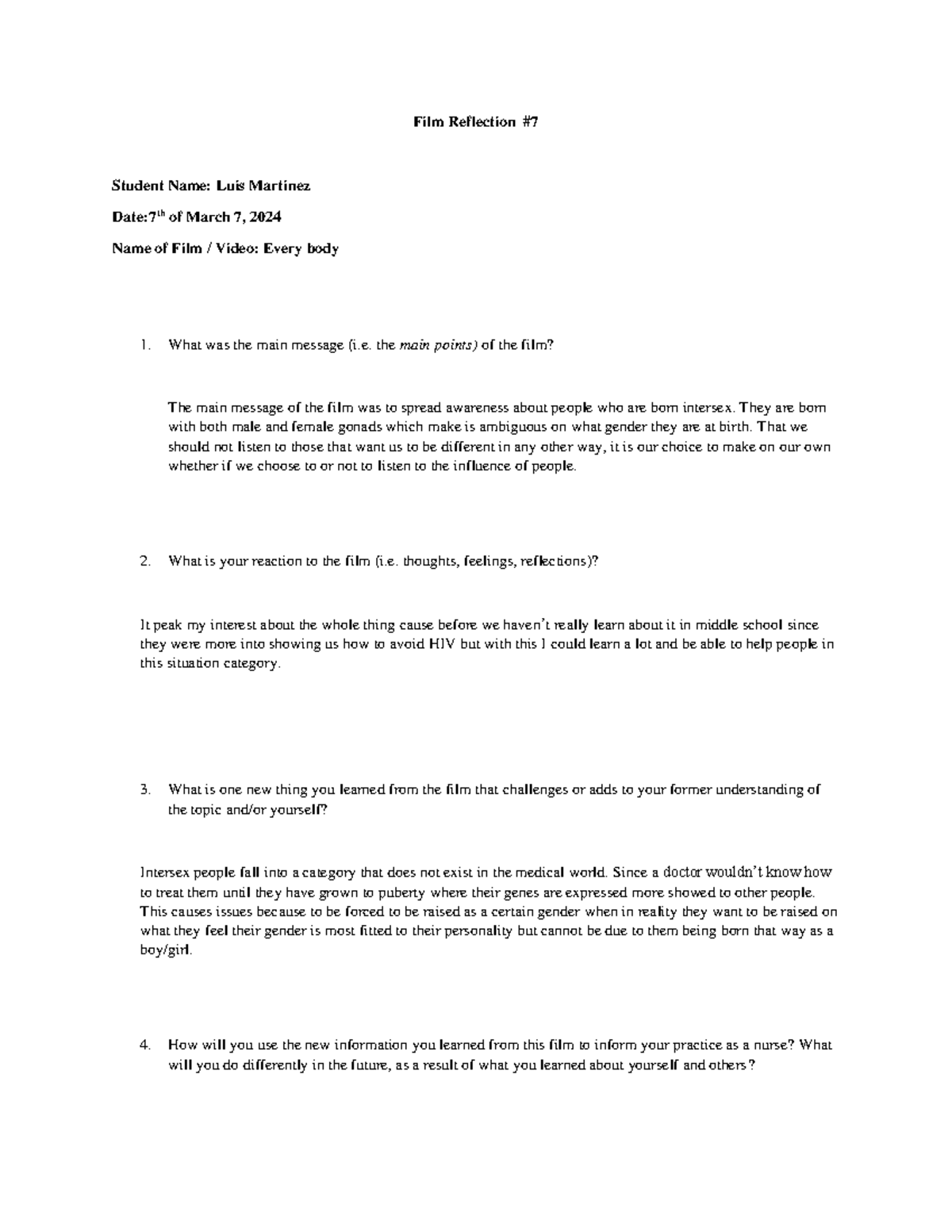 Film Reflection Form 7# every body - Film Reflection # Student Name ...