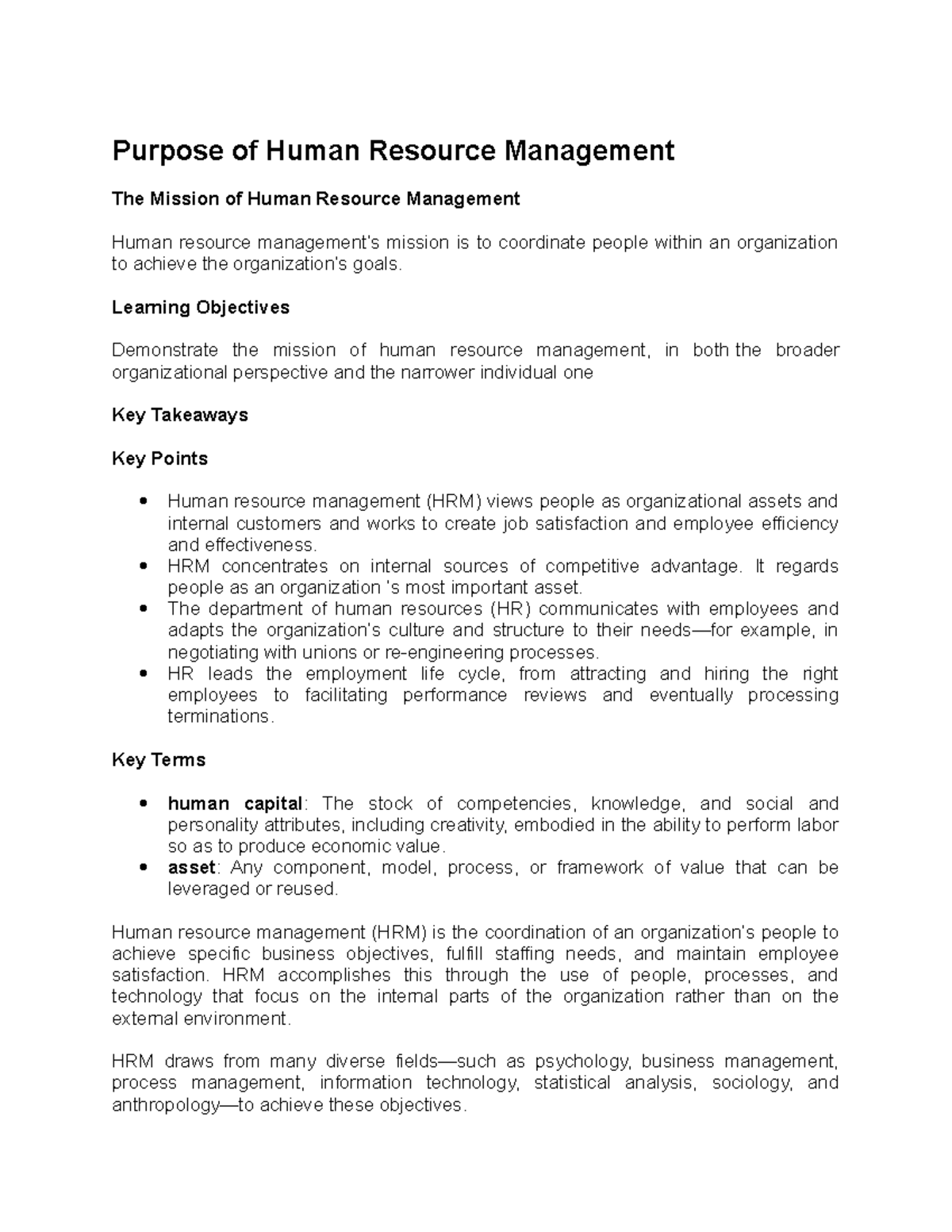 Purpose of Human Resource Management - Learning Objectives Demonstrate ...