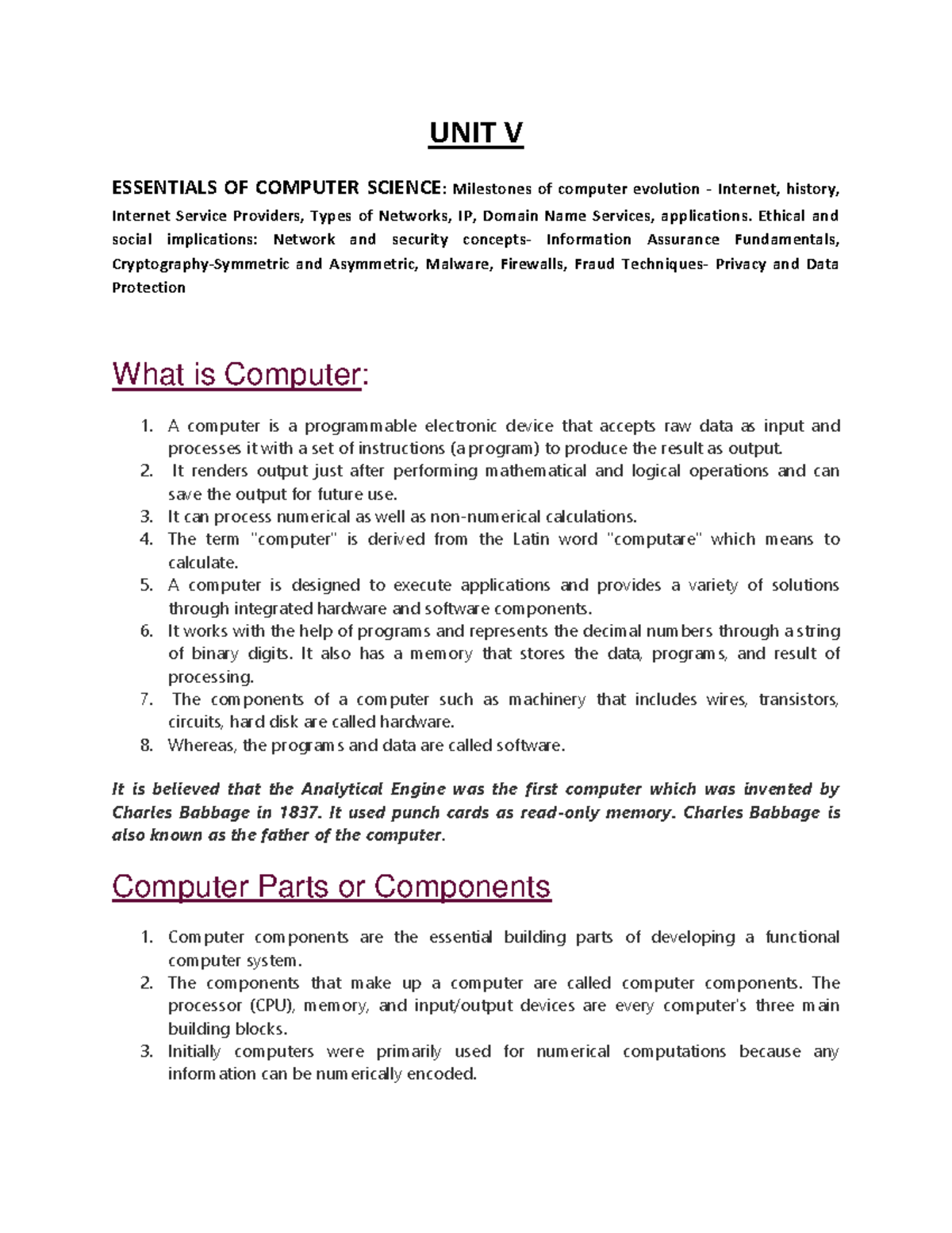 Essentional - UNIT V ESSENTIALS OF COMPUTER SCIENCE: Milestones of ...