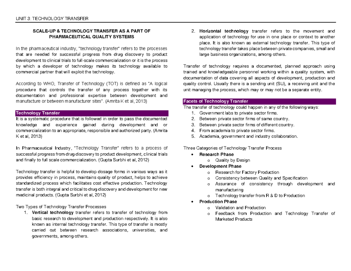 Unit 3 Technology Transfer - UNIT 3: TECHNOLOGY TRANSFER SCALE-UP ...