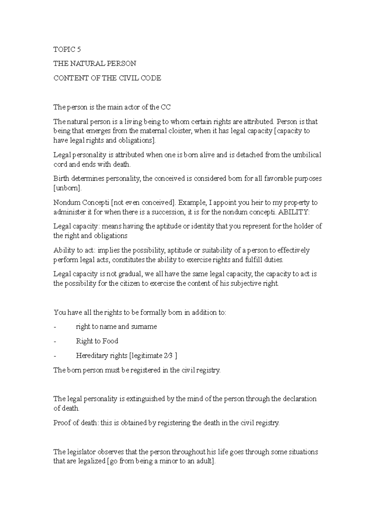 Unit 4 Civil Rights - Lecture notes 4 - TOPIC 5 THE NATURAL PERSON ...