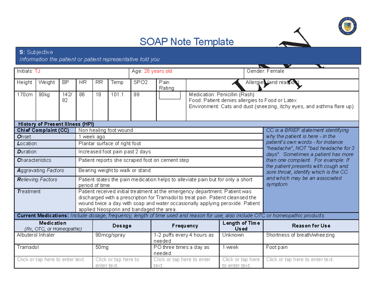 TJ Soap Note SHADOW health - SOAP Note Template Initials: TJ Age: 28 ...