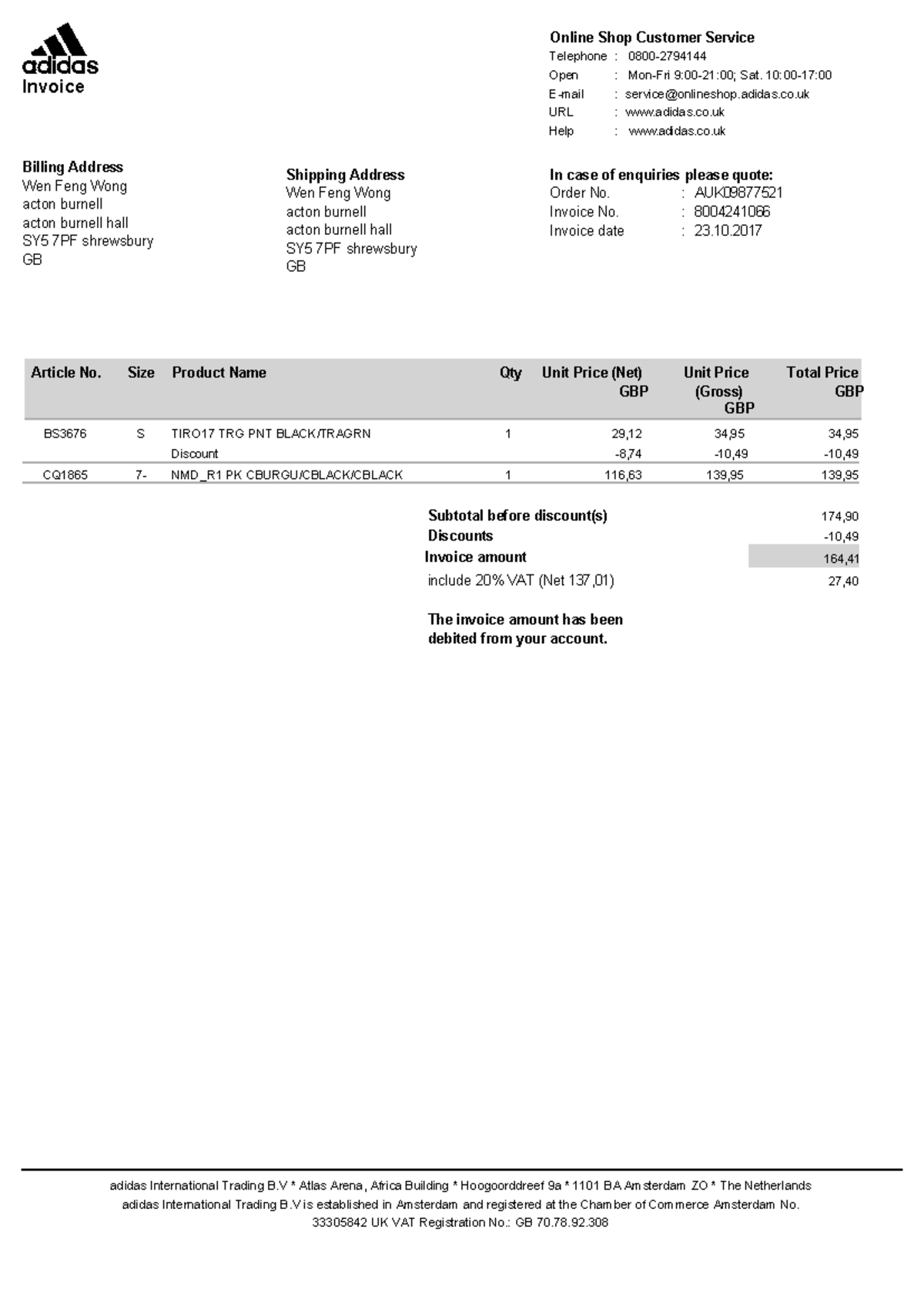 Adidas inv - Invoice Online Shop Customer Service Telephone : 0800 ...